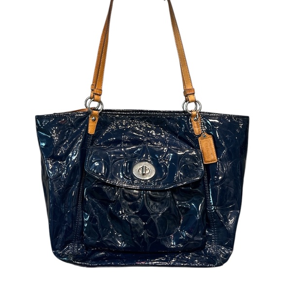 Coach | Bags | Coach Navy Blue Embossed Patent Leather Tote Bag | Poshmark